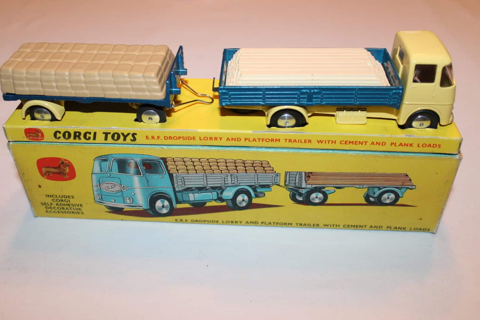 Corgi 11 E.R.F Dropside Lorry and Trailer with loads. | Blue | Mint